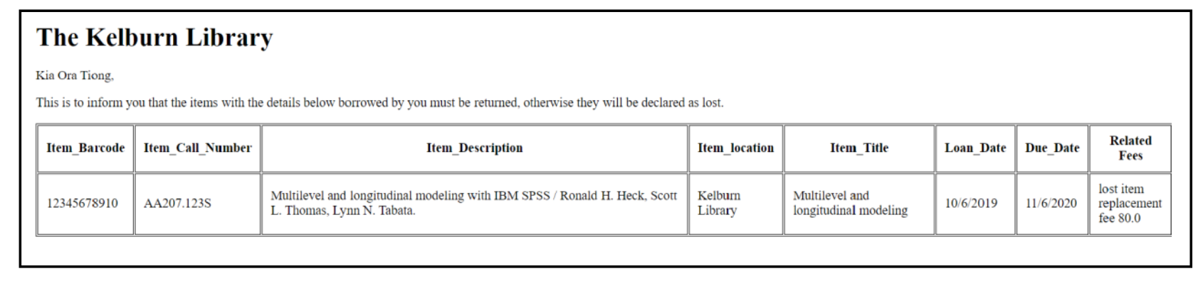 Solved An example of a lost item notice from a library to a | Chegg.com