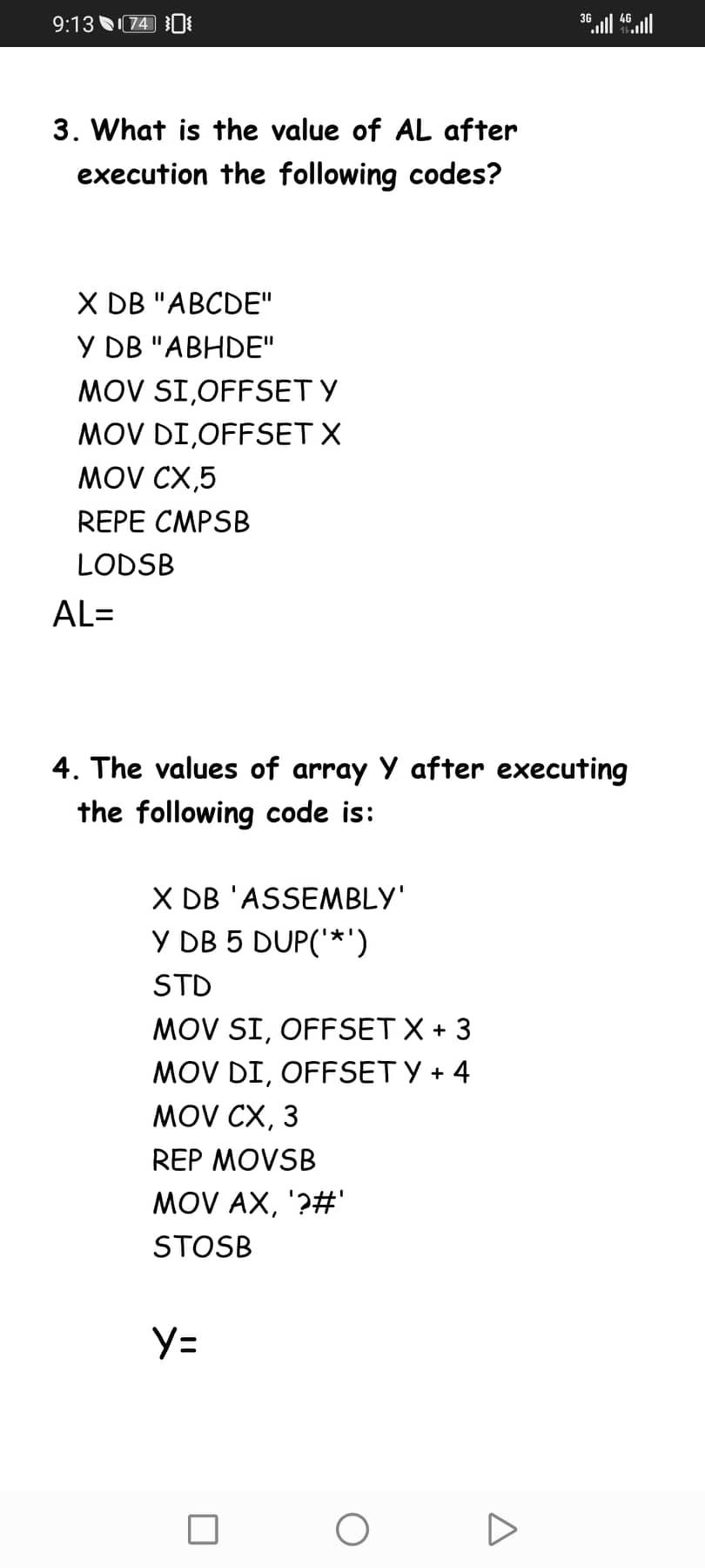 Solved 3G 9:13 174 Of 1. FIND The value of y after executing | Chegg.com