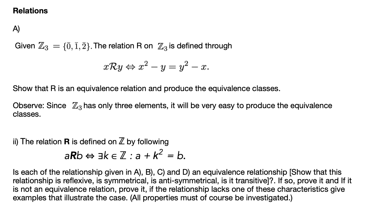 Solved Relations A) Given Z3 : {ő,7,2}. The relation Ron Zz | Chegg.com