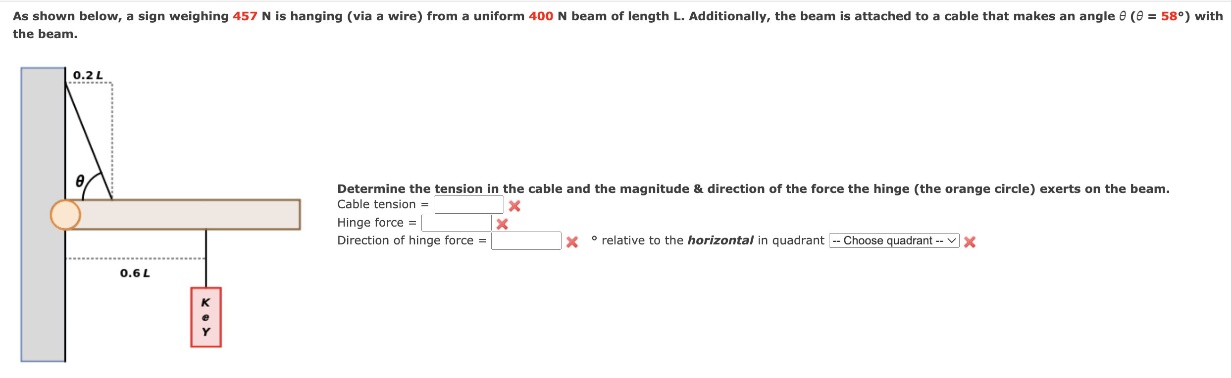 Solved As shown below, a sign weighing 457N ﻿is hanging (via | Chegg.com
