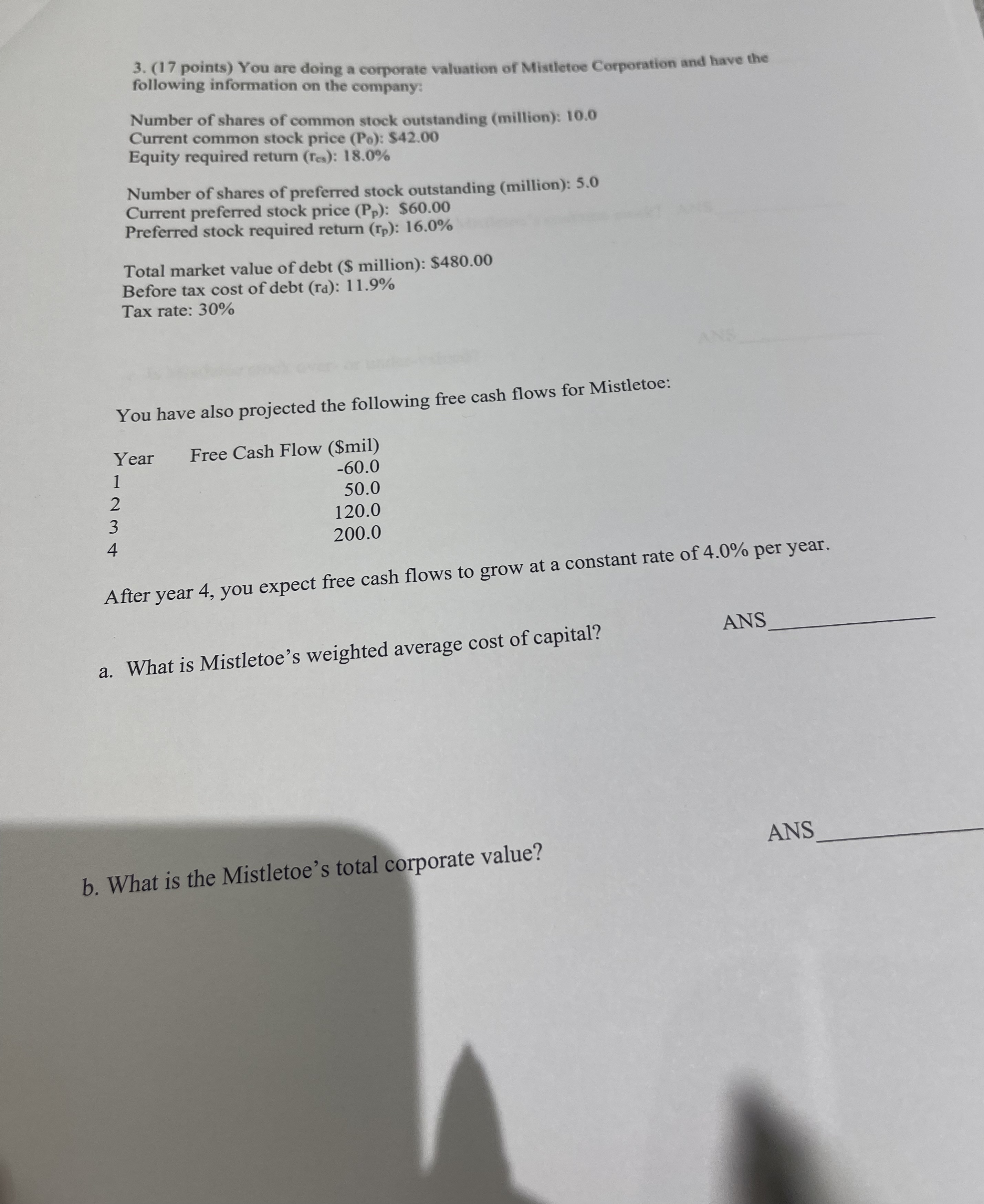 Solved (17 ﻿points) ﻿You are doing a corporate valuation of | Chegg.com