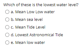 Solved Which of these is the lowest water level? a. Mean Low | Chegg.com