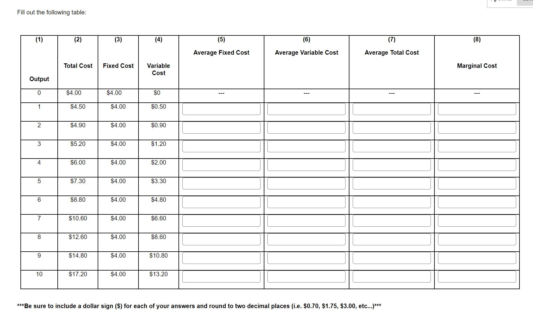 Solved Fill out the following table: ∗⋆∗ Be sure to include | Chegg.com