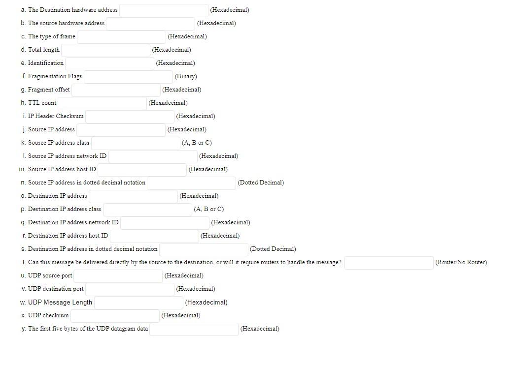 Solved a. The Destination hardware address (Hexadecimal) b. | Chegg.com