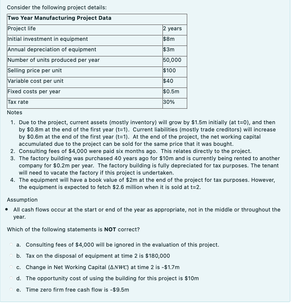 Solved 2 years Consider the following project details: Two | Chegg.com
