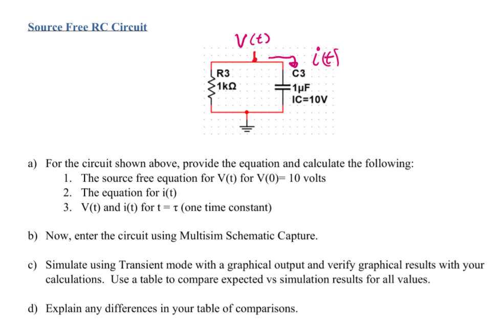 Solved Source Free RC Circuit V(t) iits R3 >1kΩ C3 10F | Chegg.com