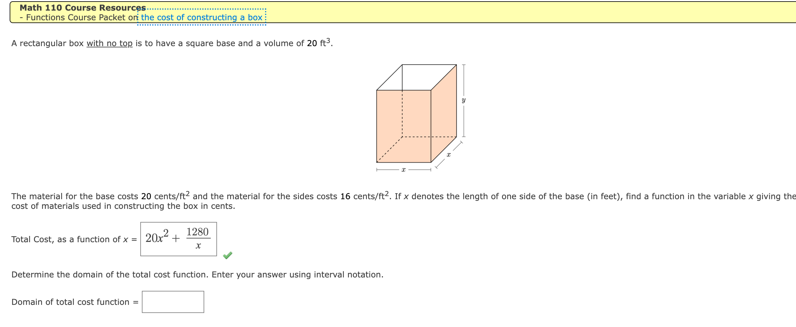 Solved Functions Course Packet on the cost of constructing a | Chegg.com