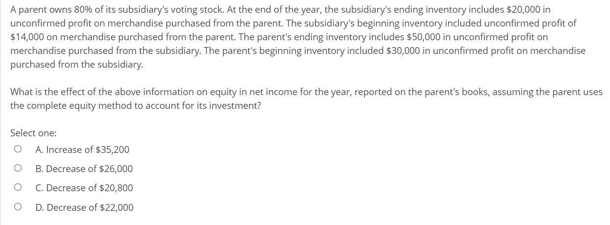 Solved A parent owns 80% of its subsidiary's voting stock. | Chegg.com
