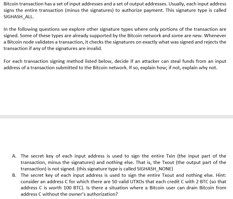 Bitcoin transaction has a set of input addresses and | Chegg.com