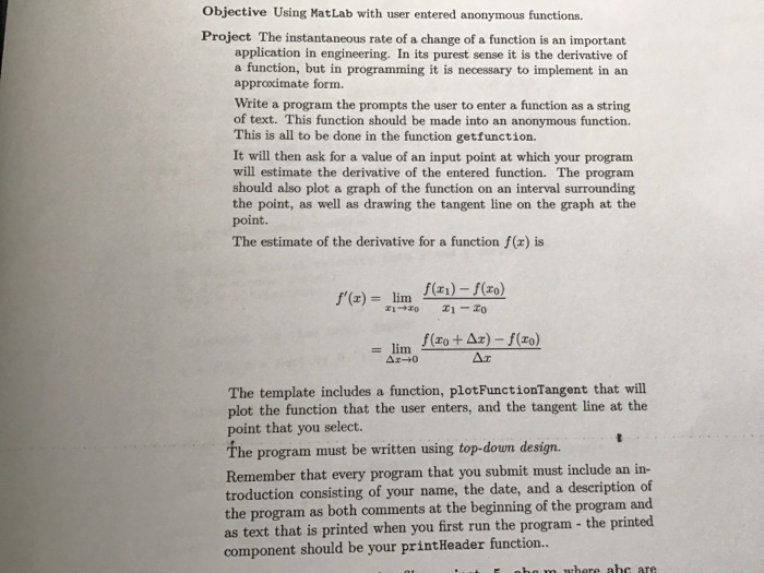 Objective Using MatLab with user entered anonymous | Chegg.com