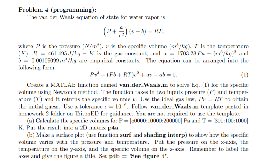 Solved Problem 4 (programming): The van der Waals equation | Chegg.com