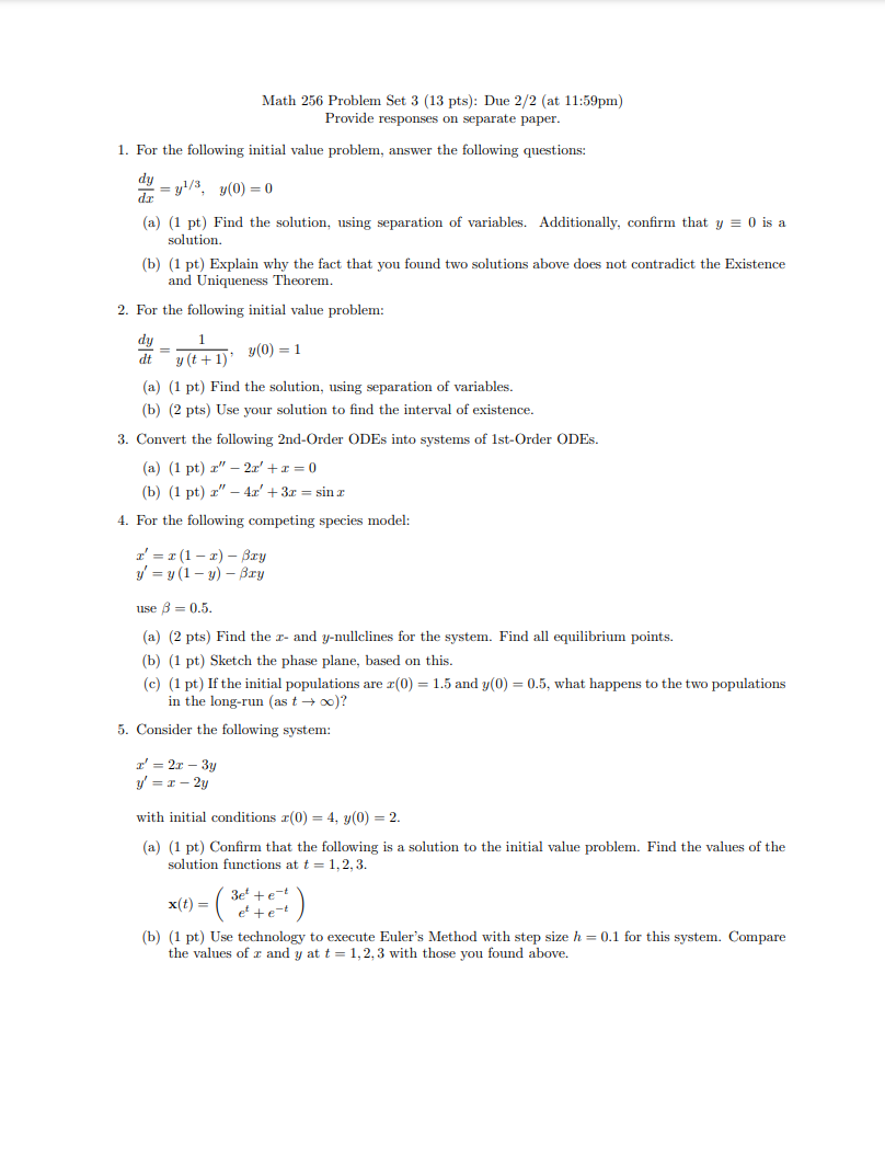 Solved Math 256 Problem Set 3 (13 pts): Due 2/2 (at 11:59pm) | Chegg.com