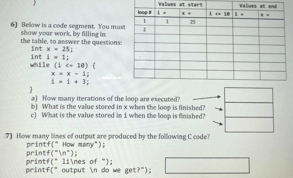 Solved 2. Values at start Values at end loop # i = x = i
