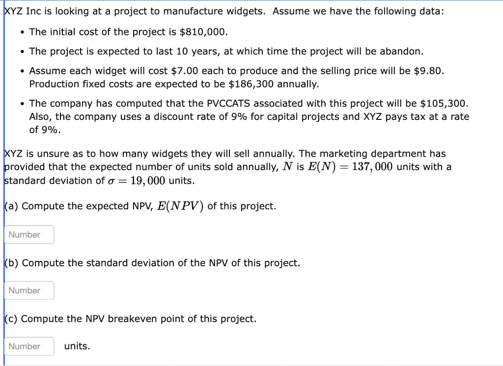 Compute the expected NPV, the standard deviation of | Chegg.com