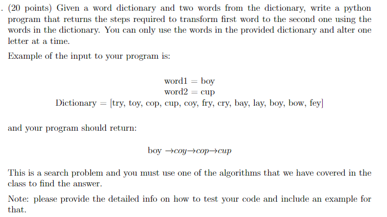 Solved ( 20 points) Given a word dictionary and two words | Chegg.com