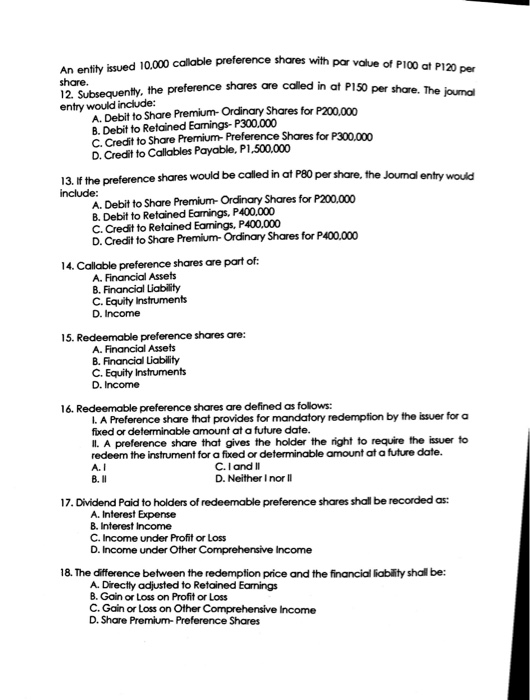 Solved callable preference shares with par value of P100 at | Chegg.com