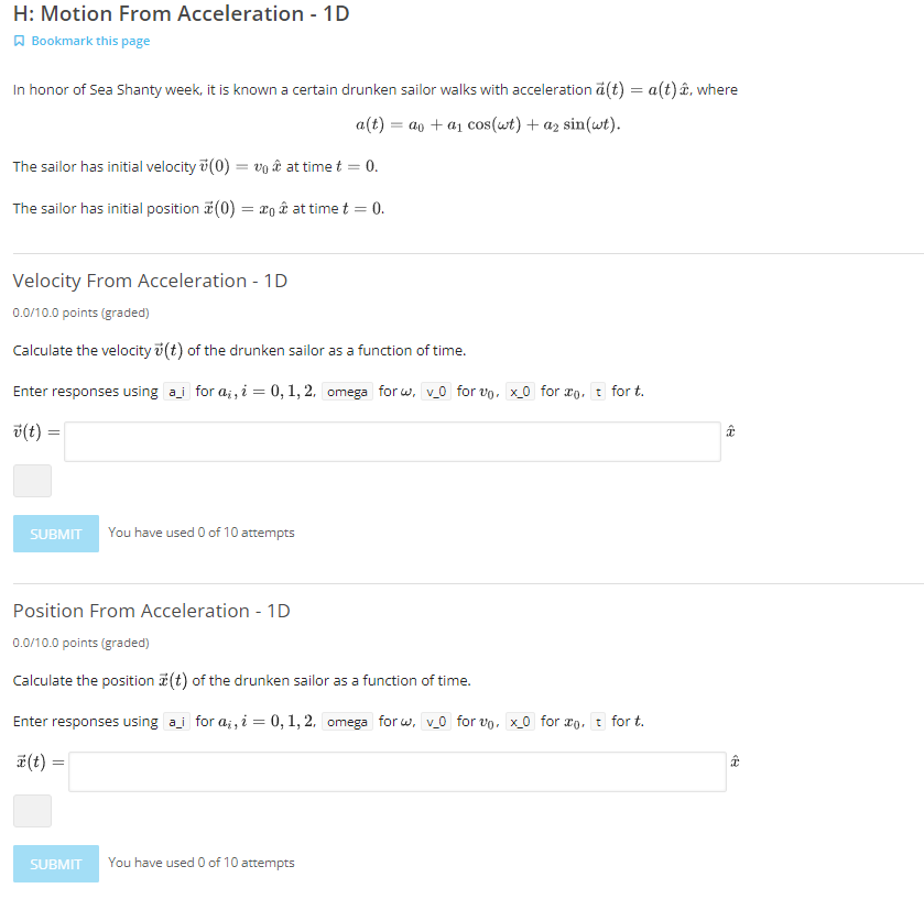 Solved H: Motion From Acceleration - 1D Bookmark this page | Chegg.com