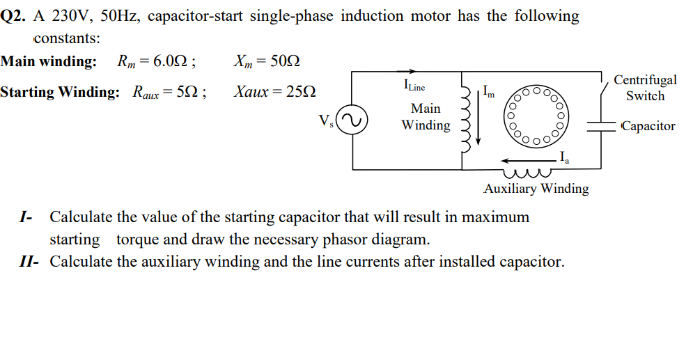 Solved Q2. A 230V, 50Hz, capacitor-start single-phase | Chegg.com