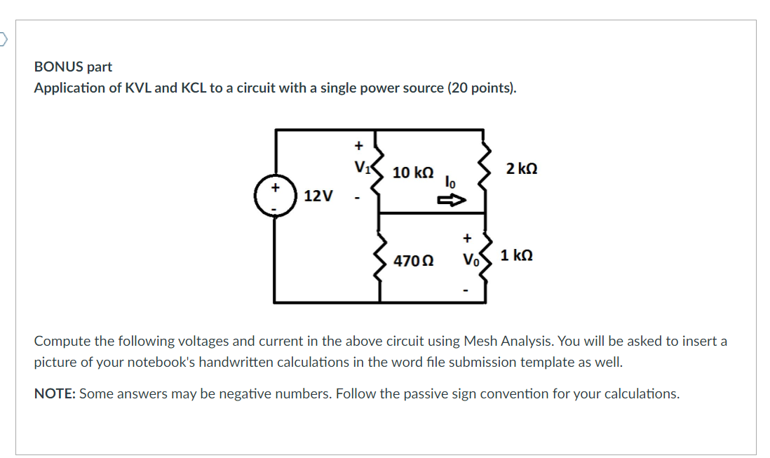 Solved BONUS part Application of KVL and KCL to a circuit | Chegg.com