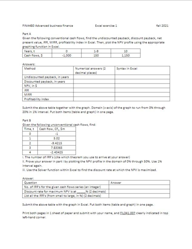 Solved FINA480 Advanced business finance Excel exercise 1 | Chegg.com