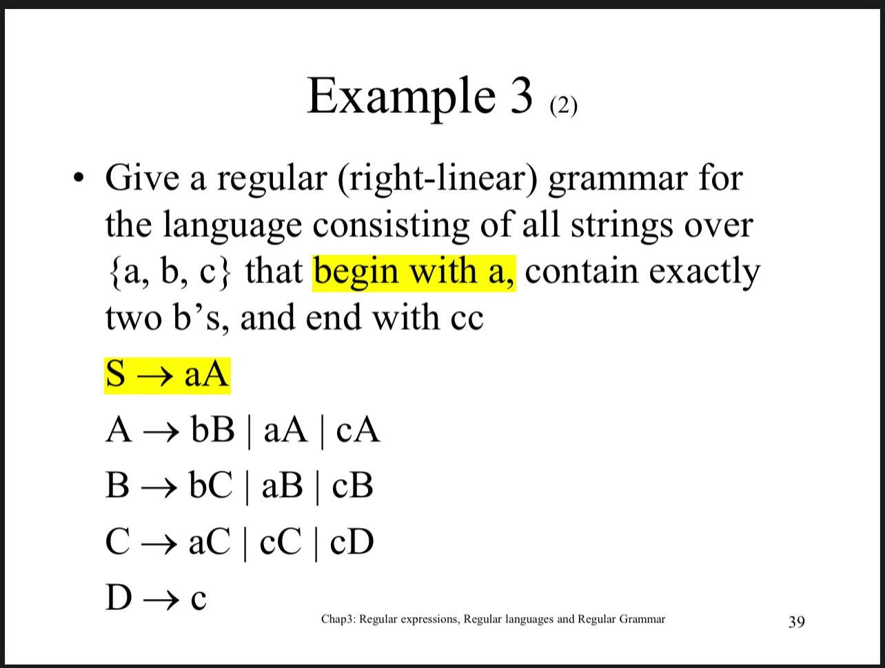 Solved Example 32 () • Give a regular (right-linear) grammar | Chegg.com