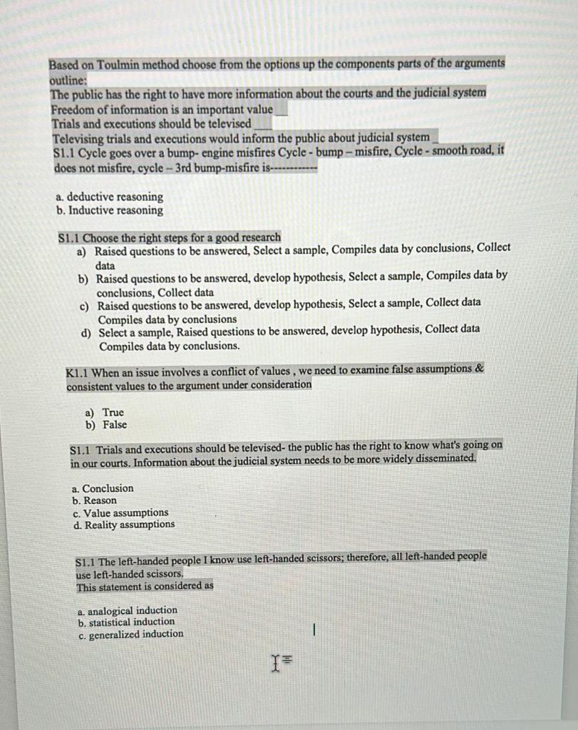 Solved Based on Toulmin method choose from the options up | Chegg.com