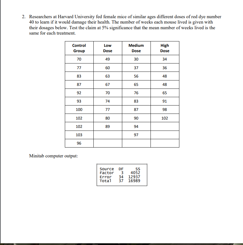 Solved 2. Researchers at Harvard University fed female mice | Chegg.com