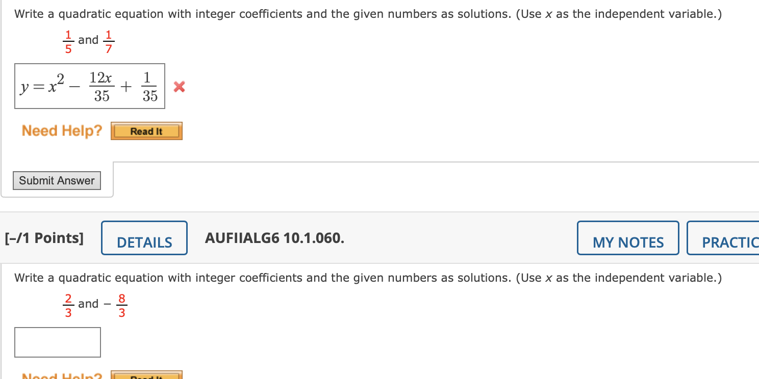Solved Write a quadratic equation with integer coefficients | Chegg.com