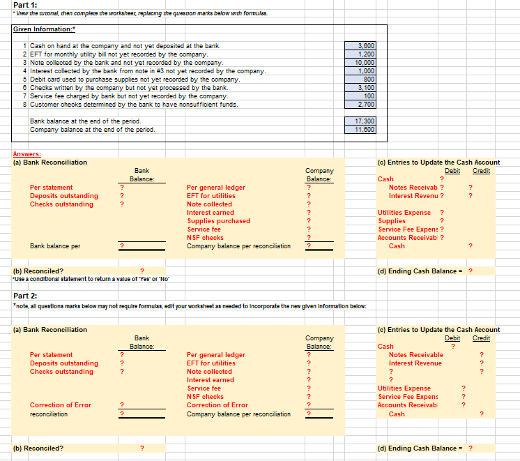 Solved Enter formulas in cells that contain question marks | Chegg.com