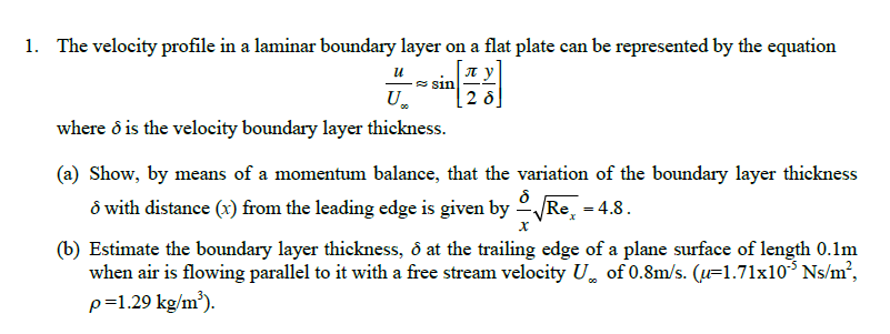 Solved 1. The velocity profile in a laminar boundary layer | Chegg.com