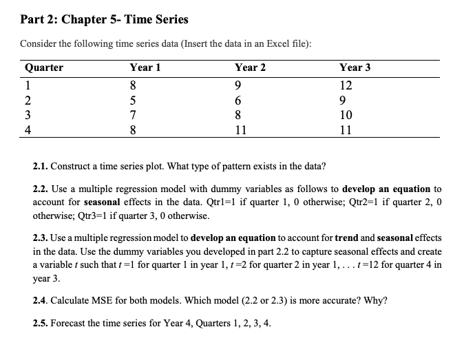 Solved Part 2: Chapter 5- Time Series Consider the following | Chegg.com