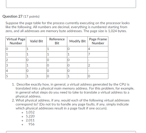 Solved Question 27 (17 points) Suppose the page table for | Chegg.com
