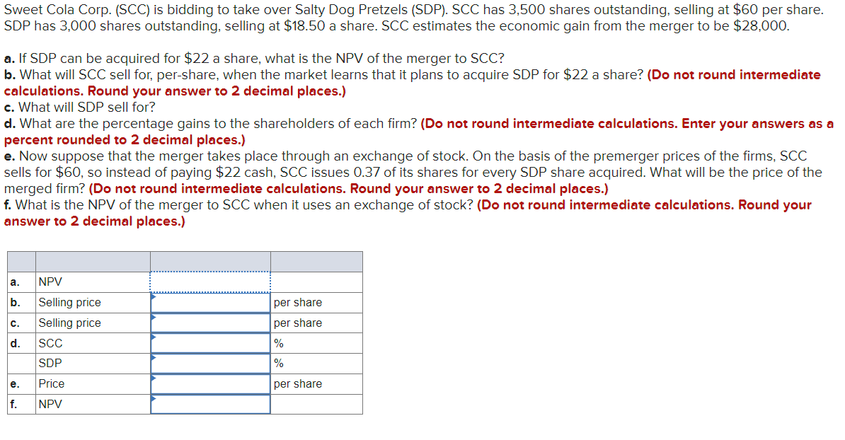 Solved Sweet Cola Corp. (SCC) ﻿is bidding to take over Salty | Chegg.com