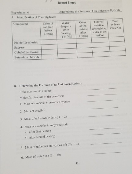 Report Sheet Determining the Formula of an unknown | Chegg.com