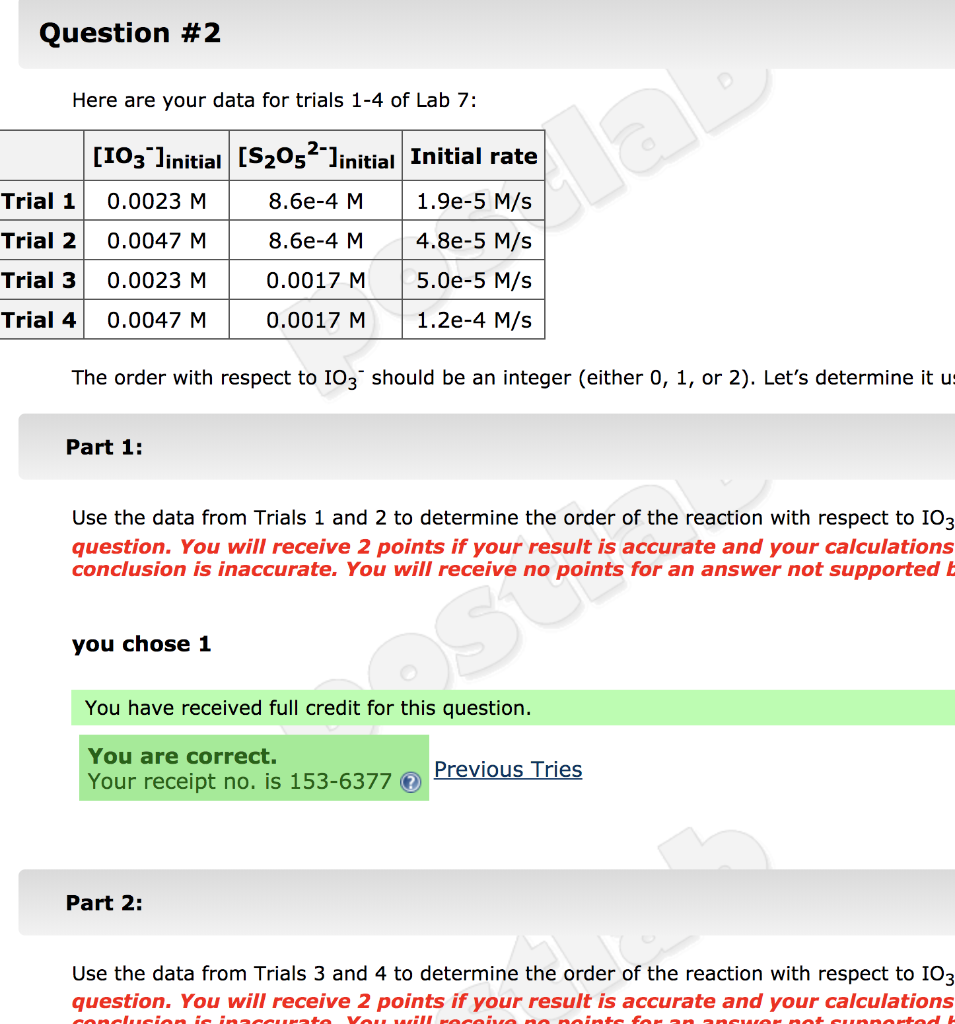 Solved Question 2 Here Are Your Data For Trials 1 4 Of Lab