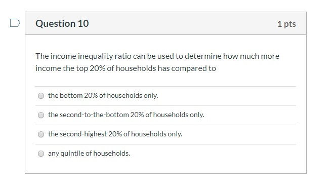Solved Question 10 1 pts The income inequality ratio can be | Chegg.com