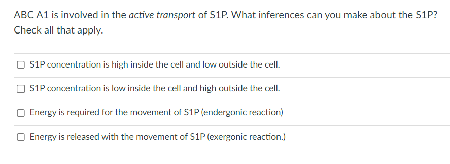 Solved ABCA1 is involved in the active transport of S1P. | Chegg.com
