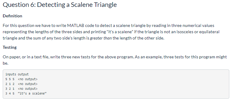 Solved Question 6: Detecting a Scalene Triangle Definition | Chegg.com