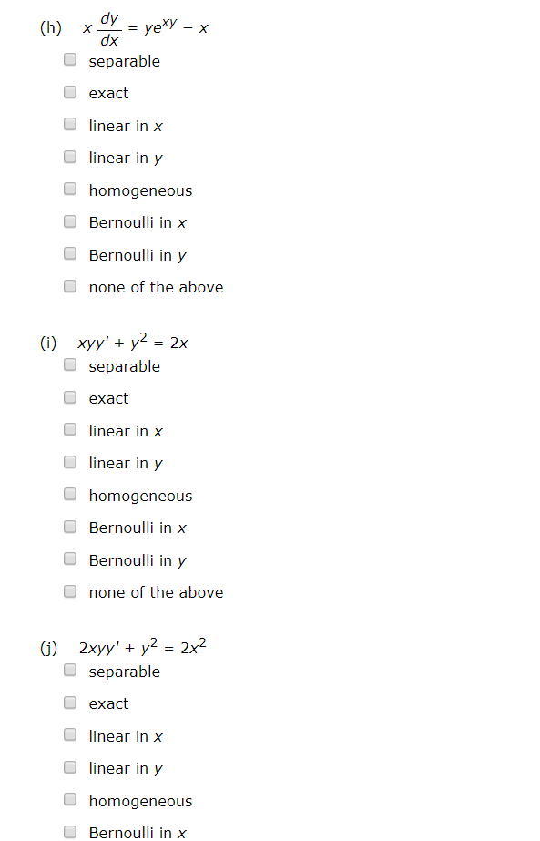 Solved U separable exact linear in linear in y homogeneous | Chegg.com