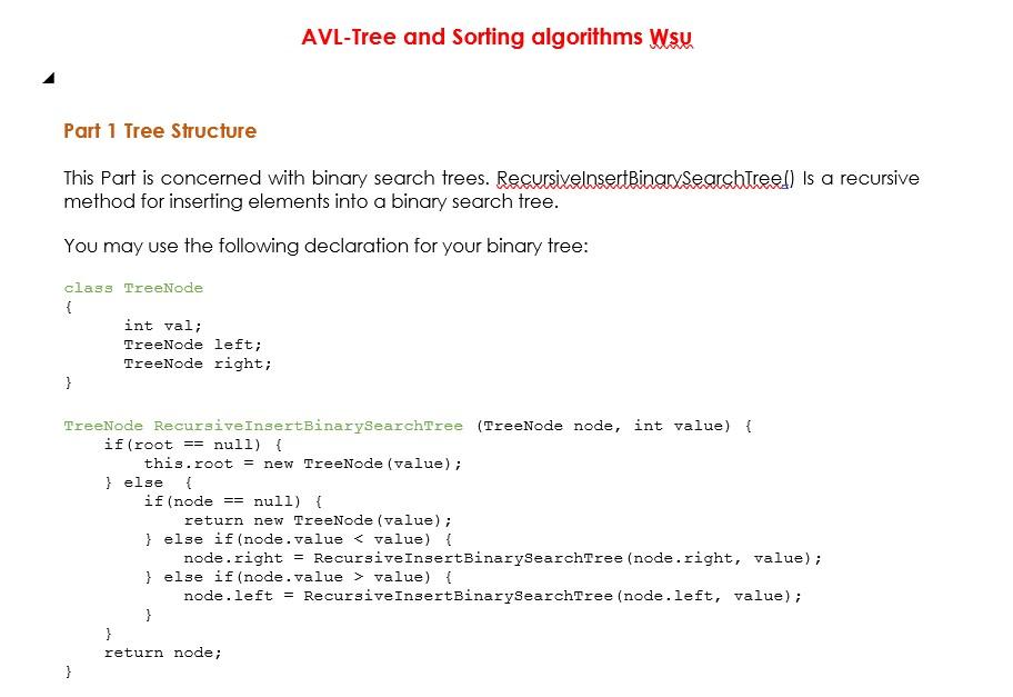 AVL-Tree and Sorting algorithms Wsy Part 1 Tree | Chegg.com