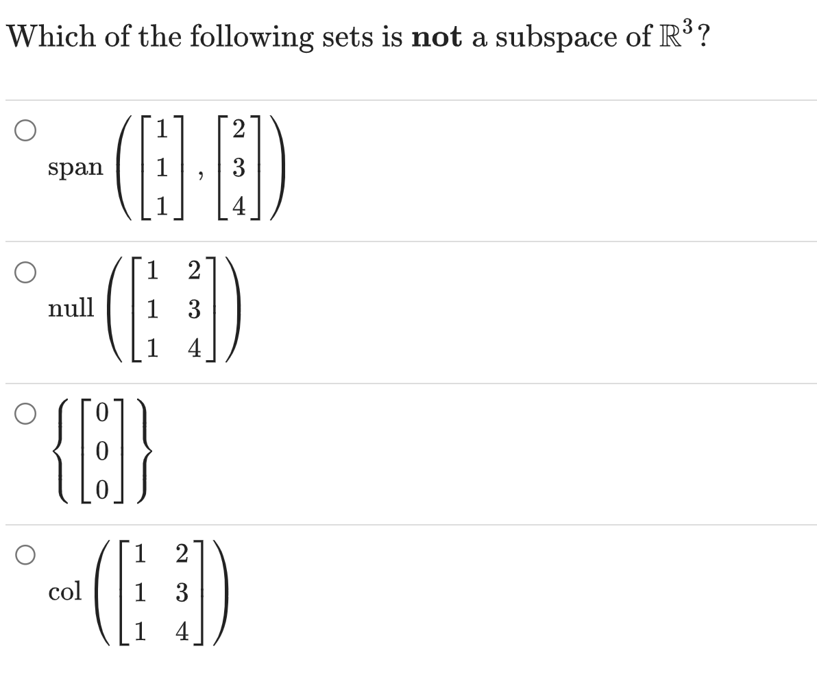 Solved Which of the following sets is not a subspace of R3 ? | Chegg.com