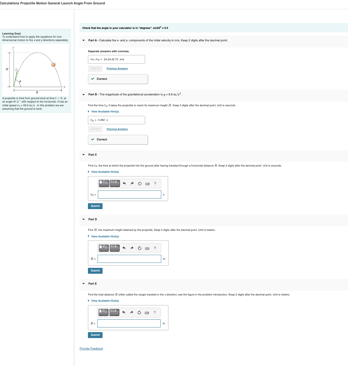Solved Calculations Projectile Motion General Launch Angle | Chegg.com