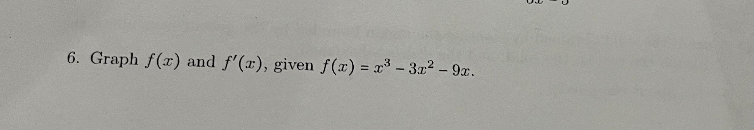 Solved 6. Graph f(x) and f′(x), given f(x)=x3−3x2−9x. | Chegg.com
