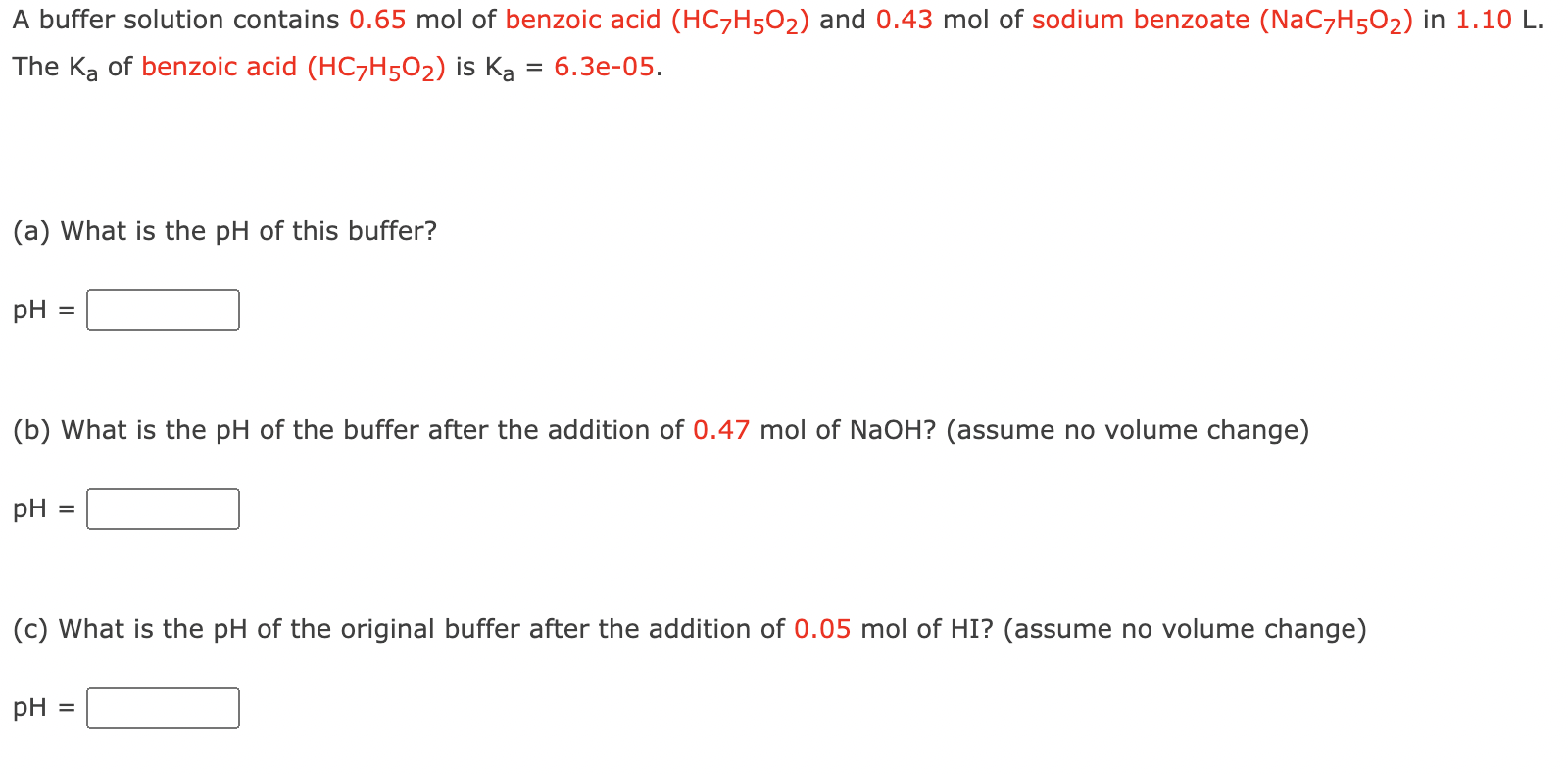 Solved A buffer solution contains 0.65 mol of benzoic acid | Chegg.com