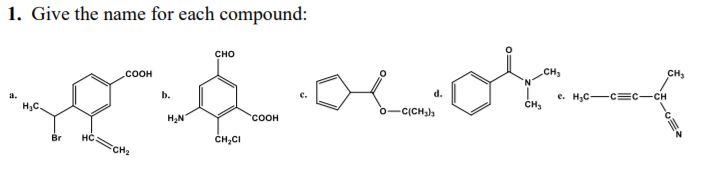 Solved 1. Give the name for each compound: CHO COOH CH e. | Chegg.com
