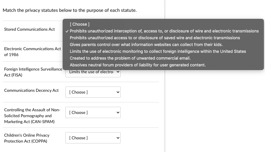 Solved Match the privacy statutes below to the purpose of | Chegg.com