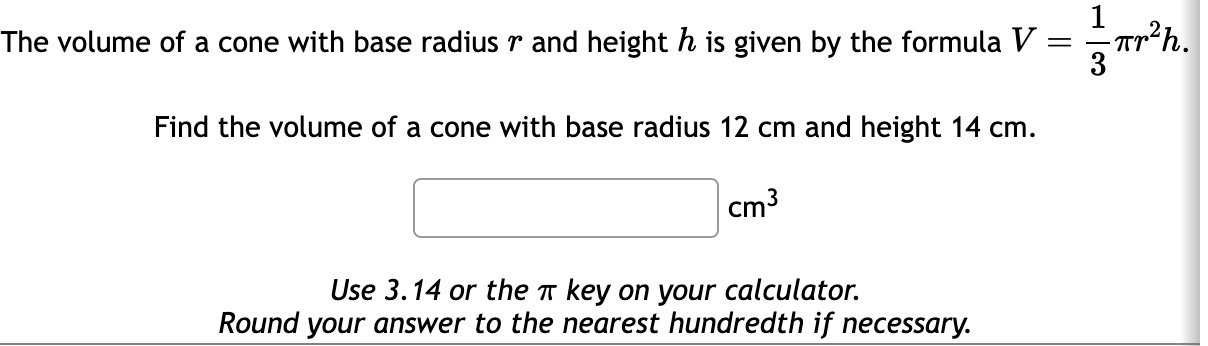 Solved The volume of a cone with base radius r ﻿and height h | Chegg.com
