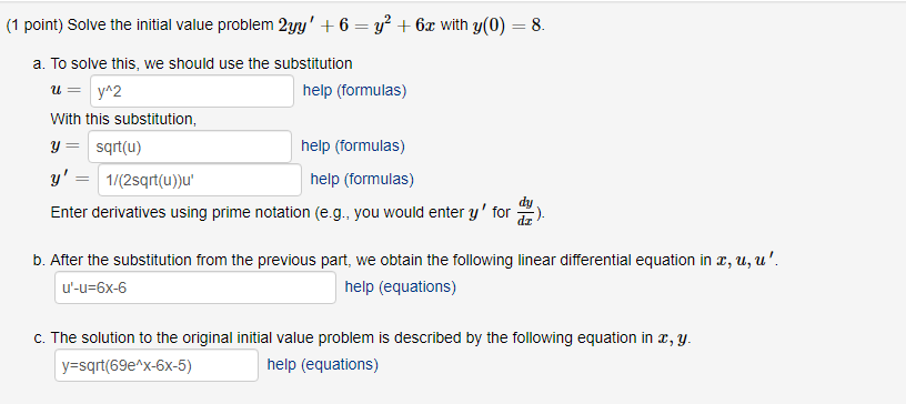 Solved (1 point) Solve the initial value problem 2yy' + 6 = | Chegg.com
