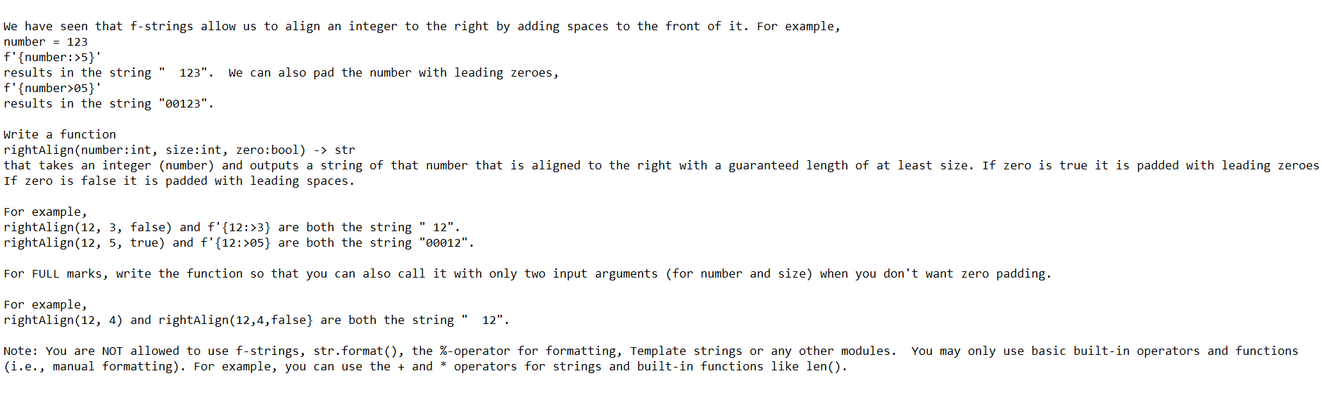 Solved We have seen that f-strings allow us to align an | Chegg.com