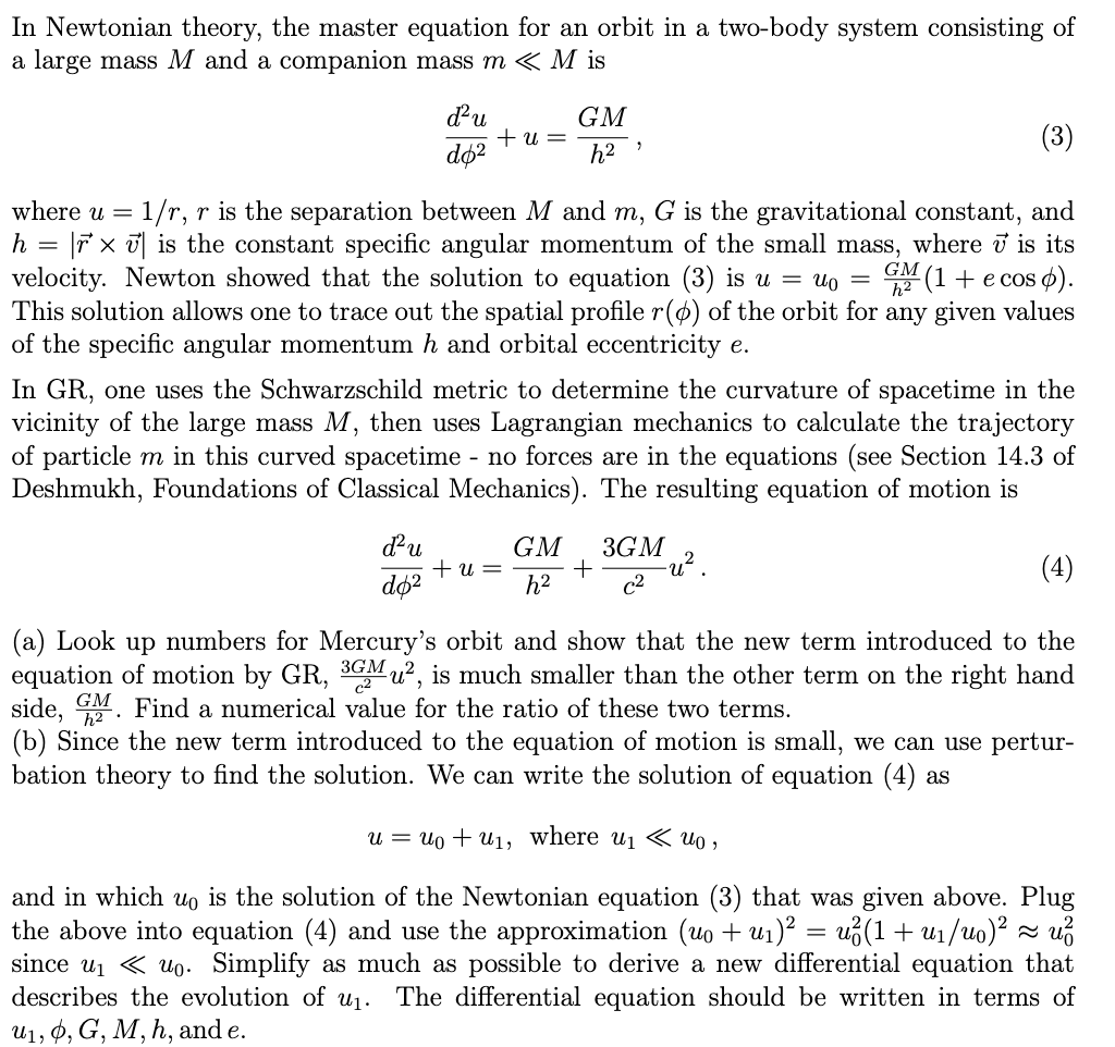 Solved In Newtonian theory, the master equation for an orbit | Chegg.com